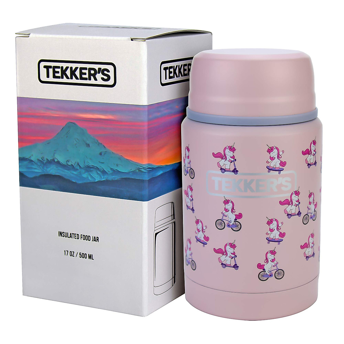 TEKKER'S Insulated Thermos Food Jar Lunch Thermos 17 Oz Stainless Steel Container Kids Vacuum Flask Folding Spoon Office Travel Camping Work School Outdoors Pink Unicorns