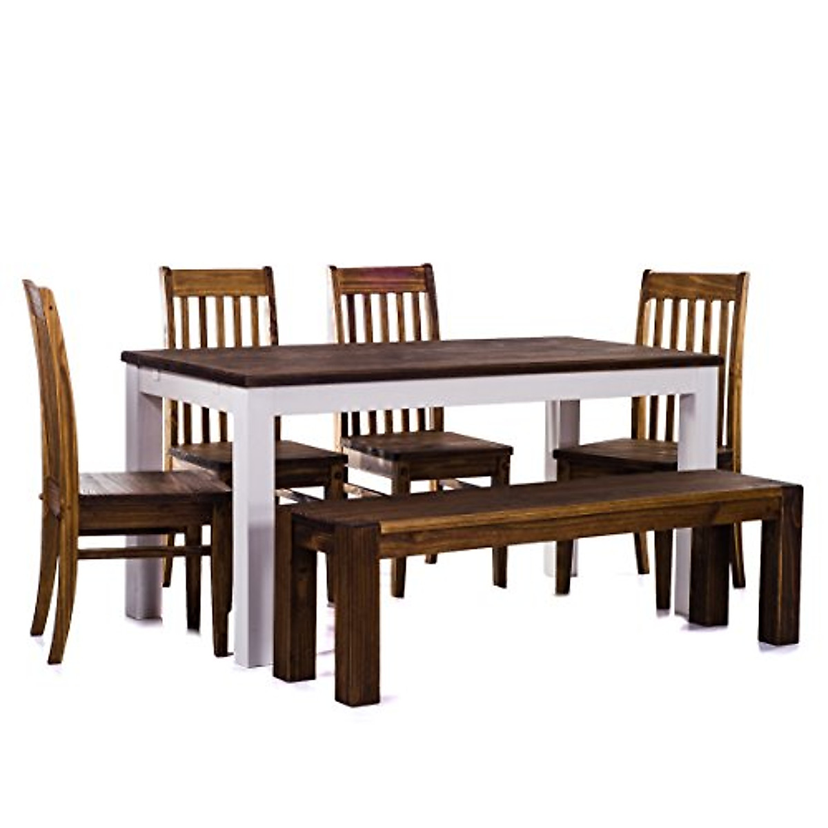B.R.A.S.I.L.-Möbel TableChamp Dining Table Set for Four Rio Pine with Bench and Two Chairs Oak Antique White Solid Wood