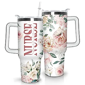 qoepfnsh Nurse Tumbler Pink Floarl 40 oz Tumbler with Handle Nurse Travel Coffee Mug Cup Stainless Steel Insulated 40oz Tumblers with Lid and Straw Nurse Gifts for Women