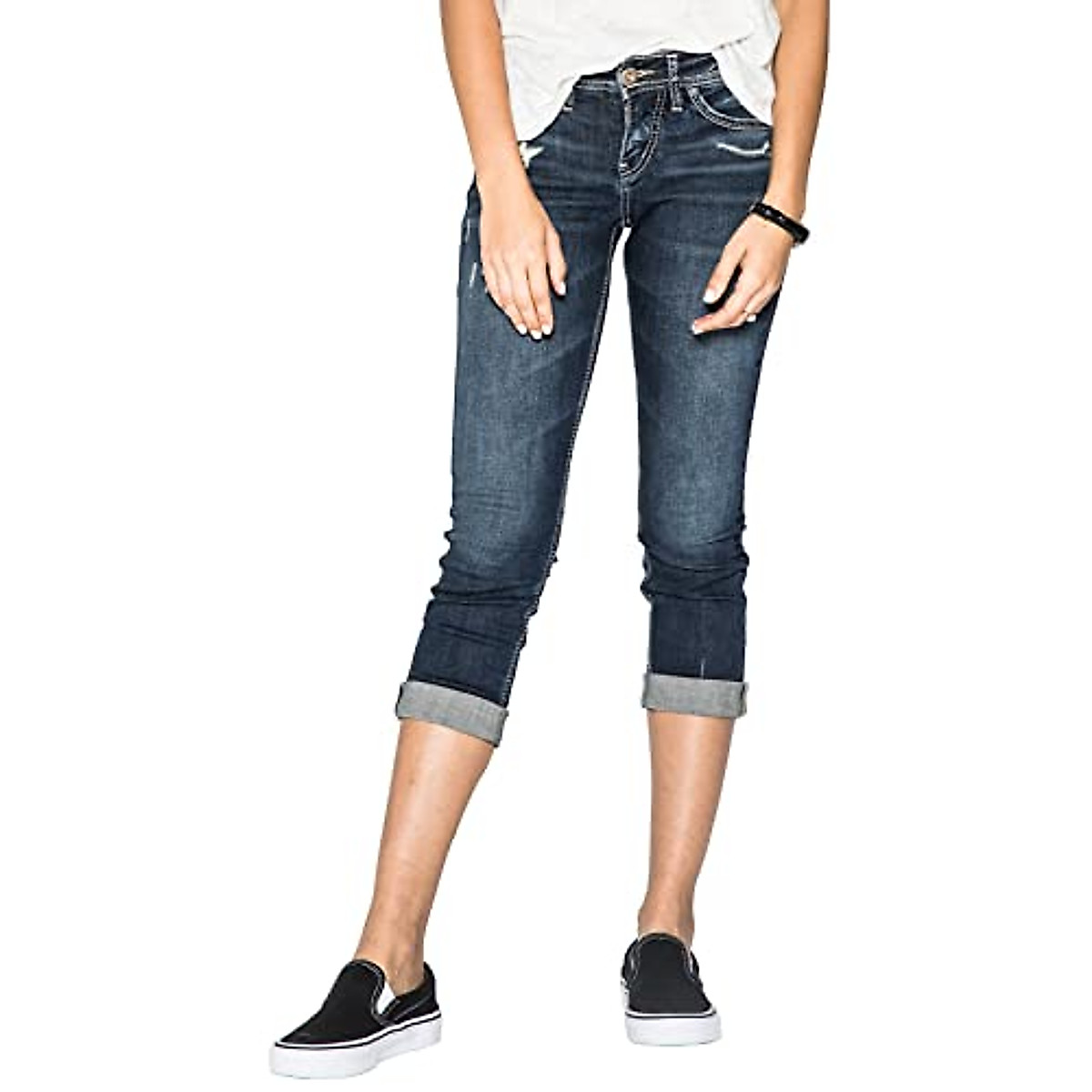 Silver Jeans Co. Women's Suki Mid Rise Curvy Fit Capri Jeans, Dark Denimotion, 31 Regular