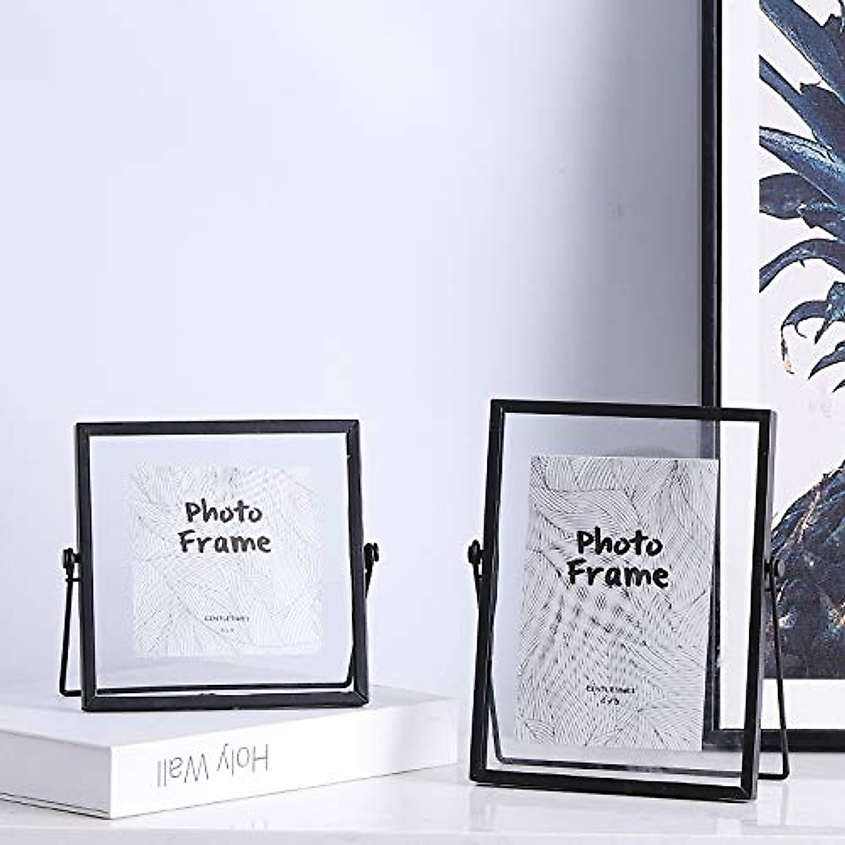 XIAOHONG 2 Pack 4x6 Metal Floating Glass Picture Frame with Metal Easel (Vertical), Simple Metal Geometric Picture Frame for Photos, Art, Tabletop Display (Black)