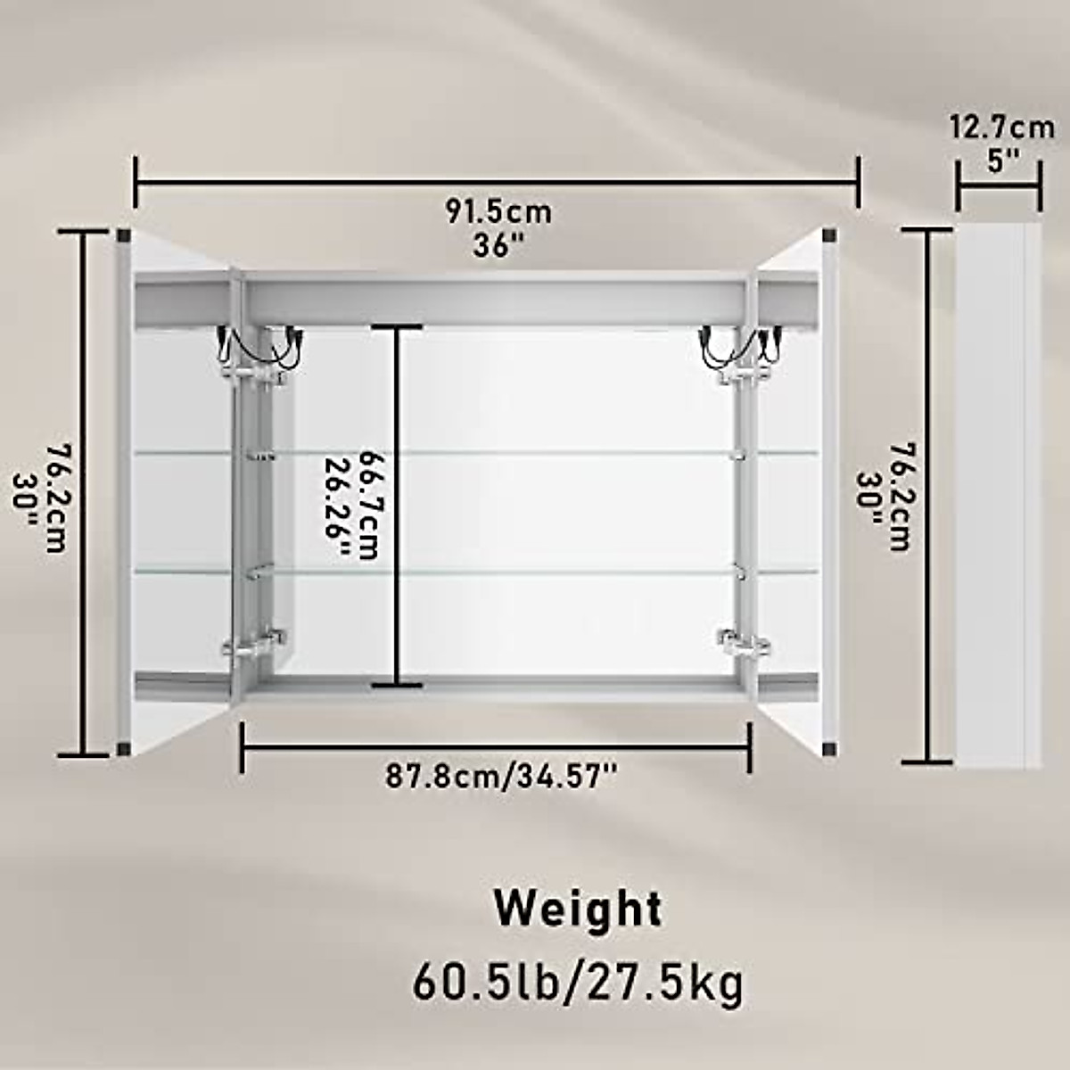 MIRPLUS 36 x 30 inch Medicine Cabinet with LED Vanity Mirror, Anti-Fog, Recessed or Surface Mount, Aluminum 6000K Lighted Double Door Bathroom Cabinet with Touch Switch (Full Light)