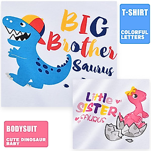 WAWSAM Big Brother Little Sister Matching Outfits Dinosaur Sibling Shirts Set Gift, White, 3T(Kid)/0-3M(Baby NB)