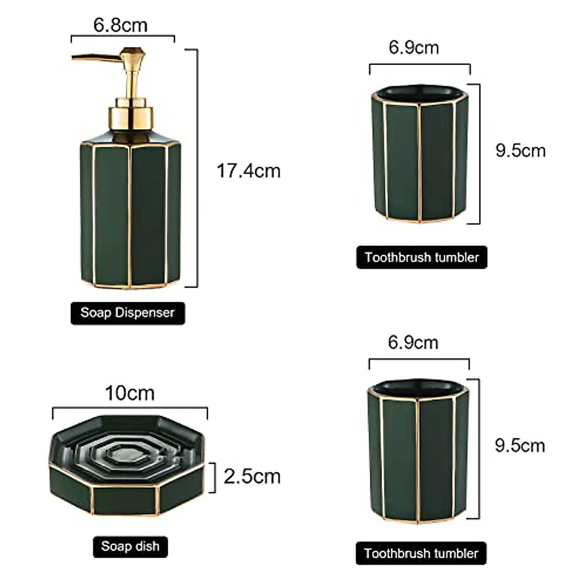 4 Pieces Bathroom Accessories Set Ceramic Bathroom Ensemble Includes Lotion Dispenser Toothbrush Tumbler Soap Dish Green and Gold for Bath Decor