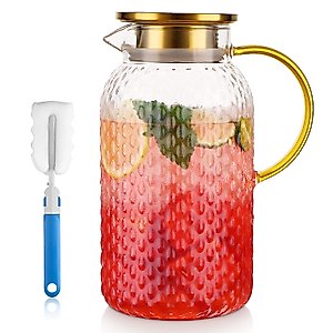 Glass Pitcher - 66 OZ fridge door pitcher Drip-Free Glass Water Pitcher with Lid, 18/8 Stainless Steel Iced Tea Pitcher, Easy Clean Heat Resistance Glass Carafe For Hot/Cold Beverages, Iced Tea, Juice