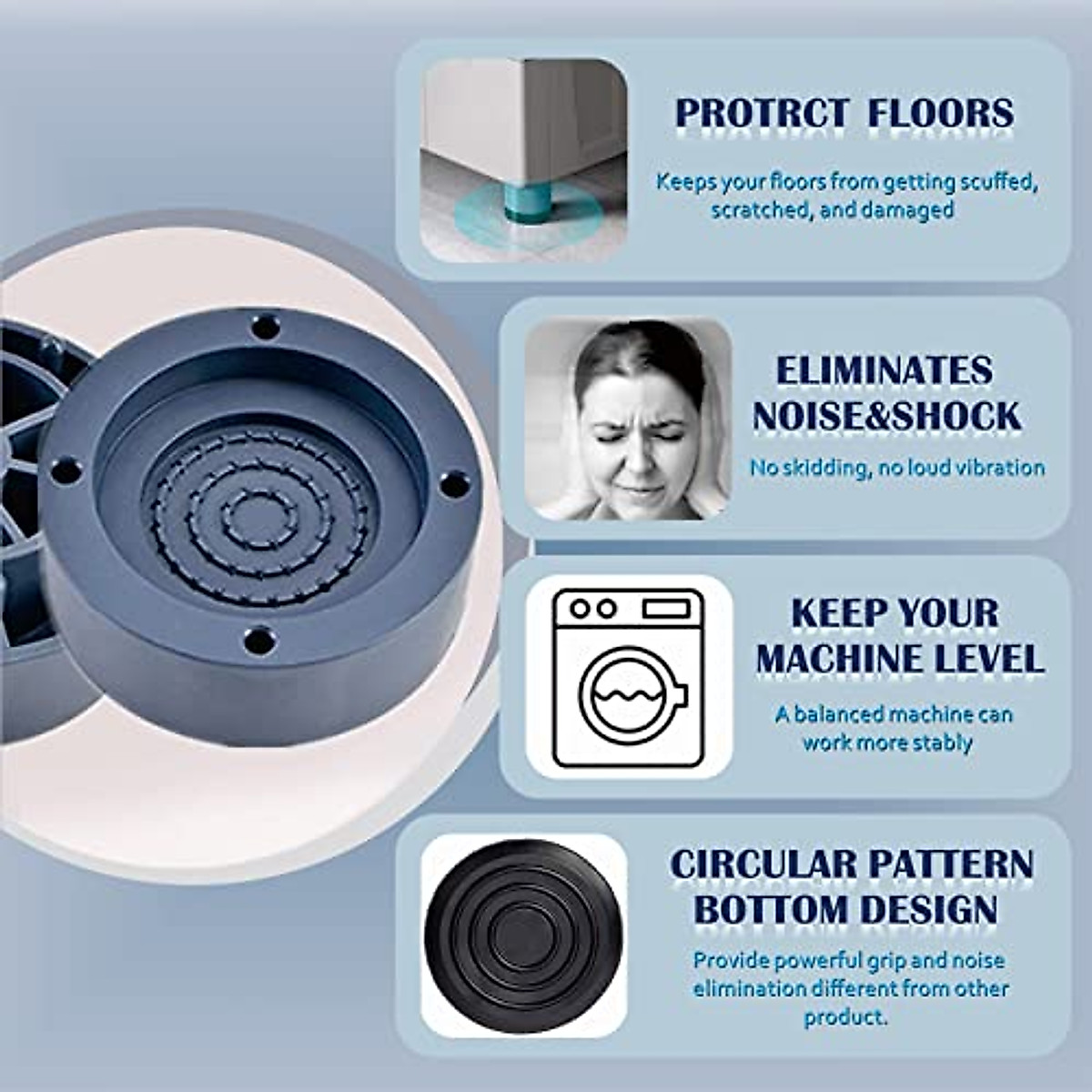 Anti Vibration Pads, 4pcs Washing Machine Base Foot Pads, Non Slip Heighten Shock and Noise Cancelling Mat for Washer and Dryer Machine Support Protects Pedestals (4 PCS)