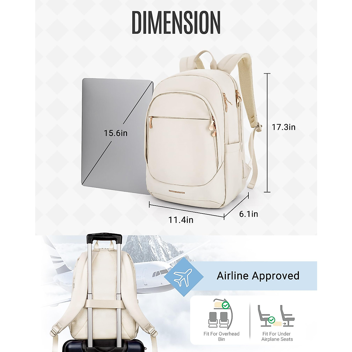 LIGHT FLIGHT Travel Laptop Backpack for Women, 15.6 Inch Anti Theft Backpack with USB Charging Hole, Water Resistant College Bookbag, Large Capacity Black Computer Backpacks for Work, Beige