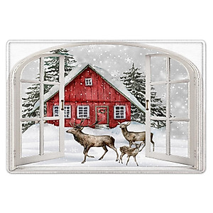 LB Rustic Winter Bath Mat Deer Under White Snow Area Rug for Bathroom Red Farmhouse Out of Window Doormat Non Slip Memory Foam Super Absorbent Floor Mats,24Wx16H Inch