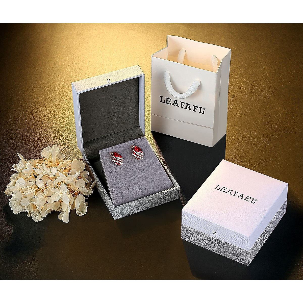 Leafael Wish Stone Stud Earrings with Ruby Red Birthstone Crystal for January and July, 18K Rose Gold Plated