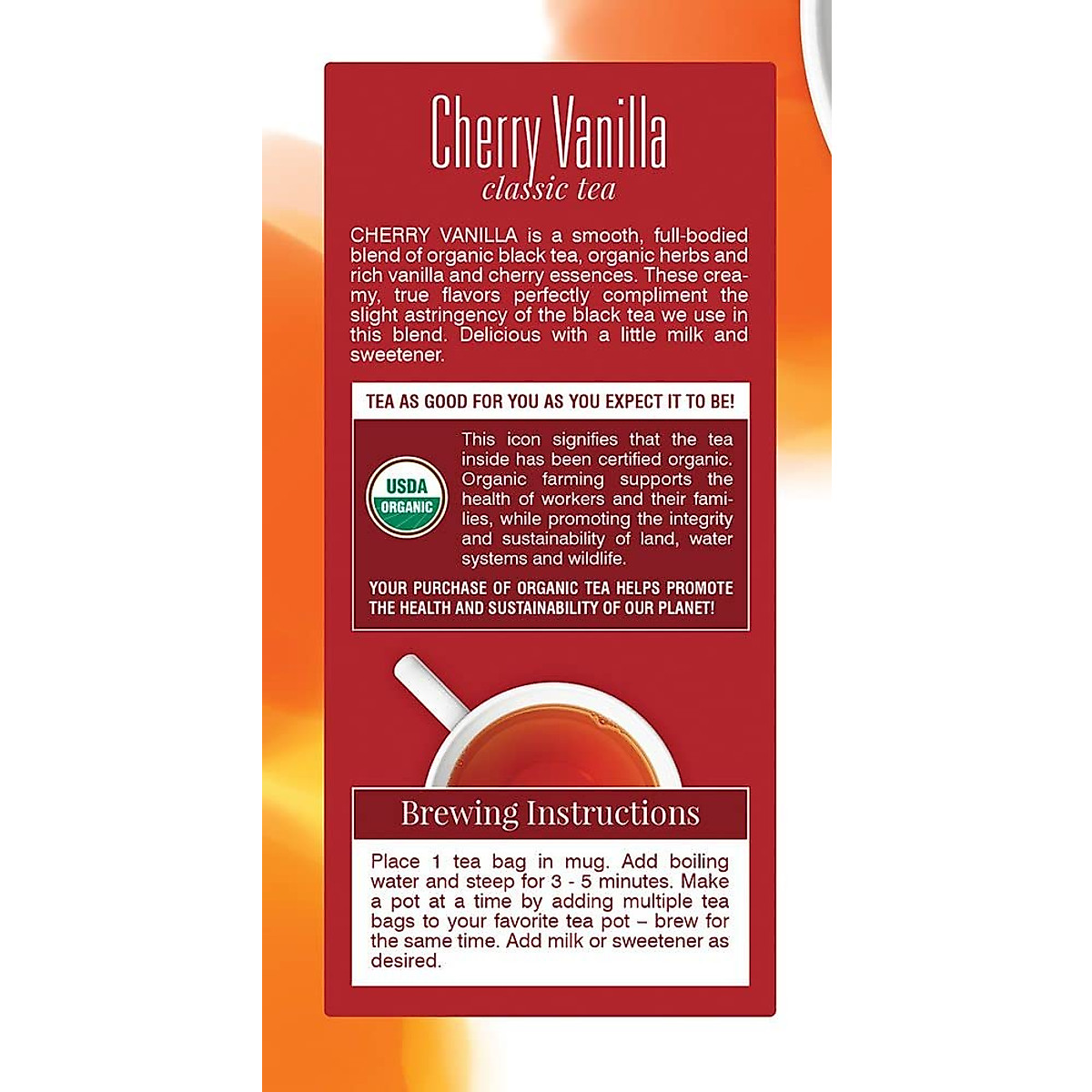 Davidson's Organics, Cherry Vanilla, 25-count Tea Bags, Pack of 6