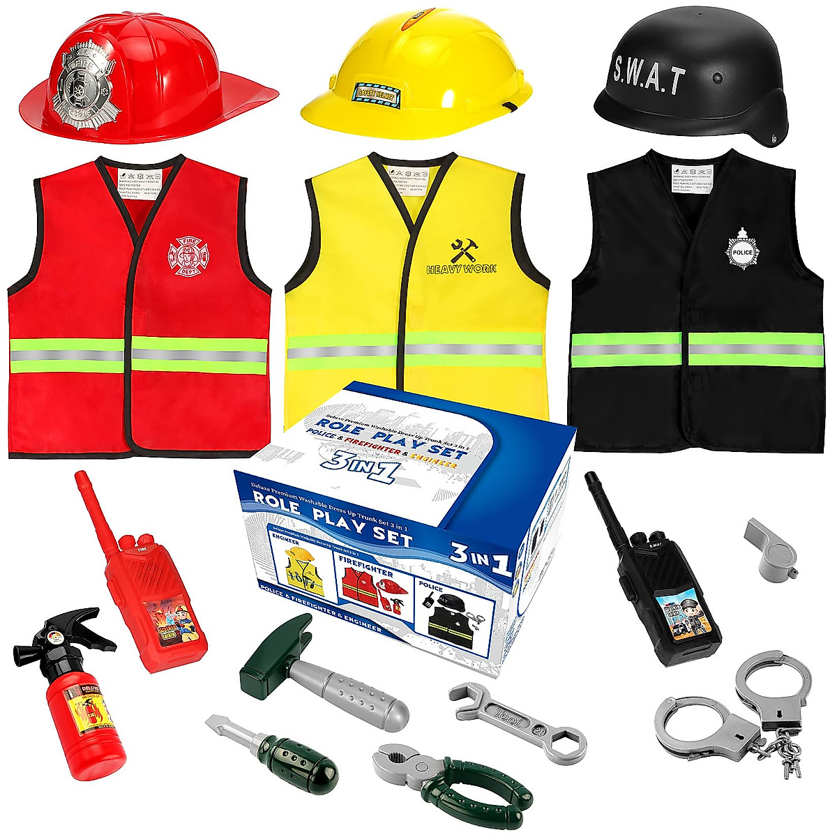 Cocojeci Boys Dress up Trunk Costumes Set,15pcs Pretend Role Play Set Fireman, Police, Construction Worker Costume with Accessories for Kids Ages 3-7