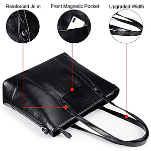 S-ZONE Leather Tote Bag for Women Office Shoulder Handbag 15.6 Inch Work Laptop Briefcase (Black)