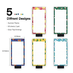 5 Pack Magnetic Notepads for Fridge with Pen Holder, Full Magnet Back Notepad, to Do List, Grocery Shopping, Summer Theme, 6" x 3", 50 Sheets, Magnet Memo Pad for Fridge, Locker, File Cabinet, etc