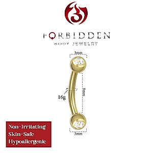 Forbidden Body Jewelry 16g 8mm Daith Earring, Eyebrow Ring and Rook Piercing, Gold IP Plated Clear CZ Crystal Barbell