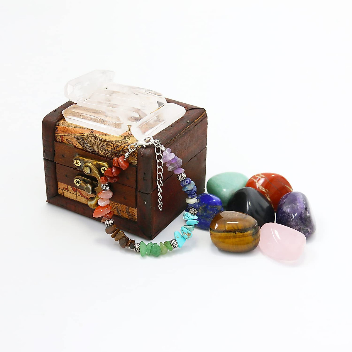 Nvzi Crystals and Healing Stones Set in Wooden Display Box, Gemstones and Crystals Kit, 7 Chakra Stones, Spiritual Gifts for Women, Witchcraft Supplies and Tools, Raw Crystals for Beginners