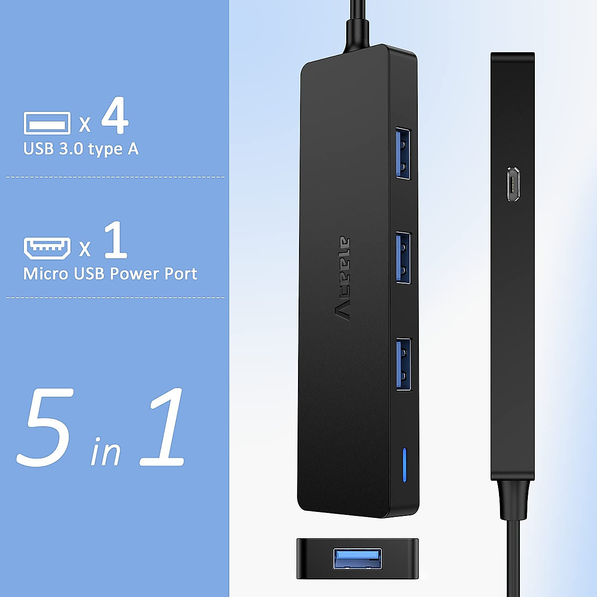 Aceele 5 Port USB 3.0 USB Type C Hub, Ultra-Slim with 2ft Extended Cable, 5 Gbps SuperSpeed, Micro USB Charging, for 2020 MacBook Pro, Surface Pro 7, Samsung S21, and Other USB C Devices