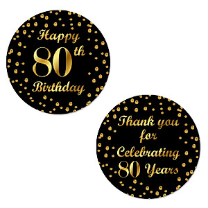 80th Birthday Round 2 Inch Big Glossy Stickers, Thank You for Celebrating 80 Years Black and Gold Labels, Great for Party Favors, Decorations, Tags, Gift Bags and Supplies. Made in USA