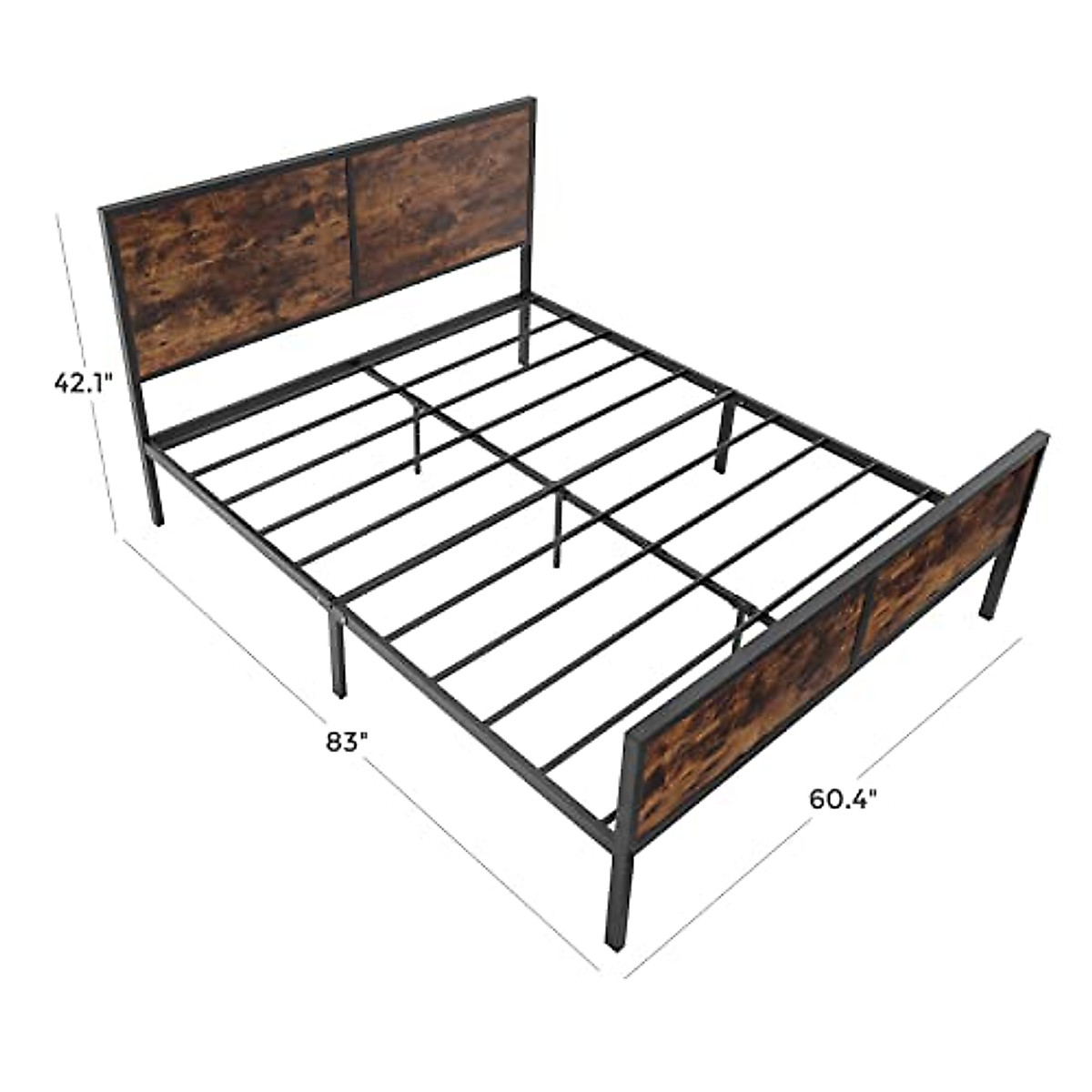 VASAGLE Queen Size Metal Bed Frame with Headboard, Footboard, No Box Spring Needed, Platform Bed, Under-Bed Storage, Industrial Style, Rustic Brown and Black URMB001B01