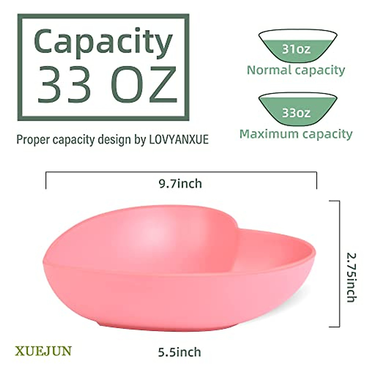 XUEJUN Bamboo Fiber Big Heart-shaped Bowls pink Deep Heart Plates Salad Bowl/Fruit Bowl for Desserts/Pasta/Dinner, 9.7inch