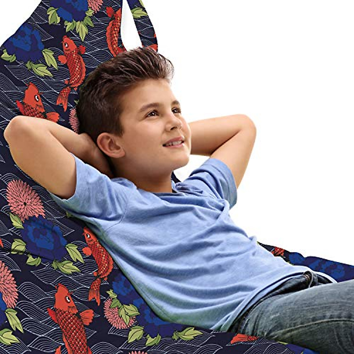 Ambesonne East Lounger Chair Bag, Traditional Japanese Koi Fish Pattern Carnation Flower Petals and Leaves, High Capacity Storage with Handle Container, Lounger Size, Coral Red and Indigo