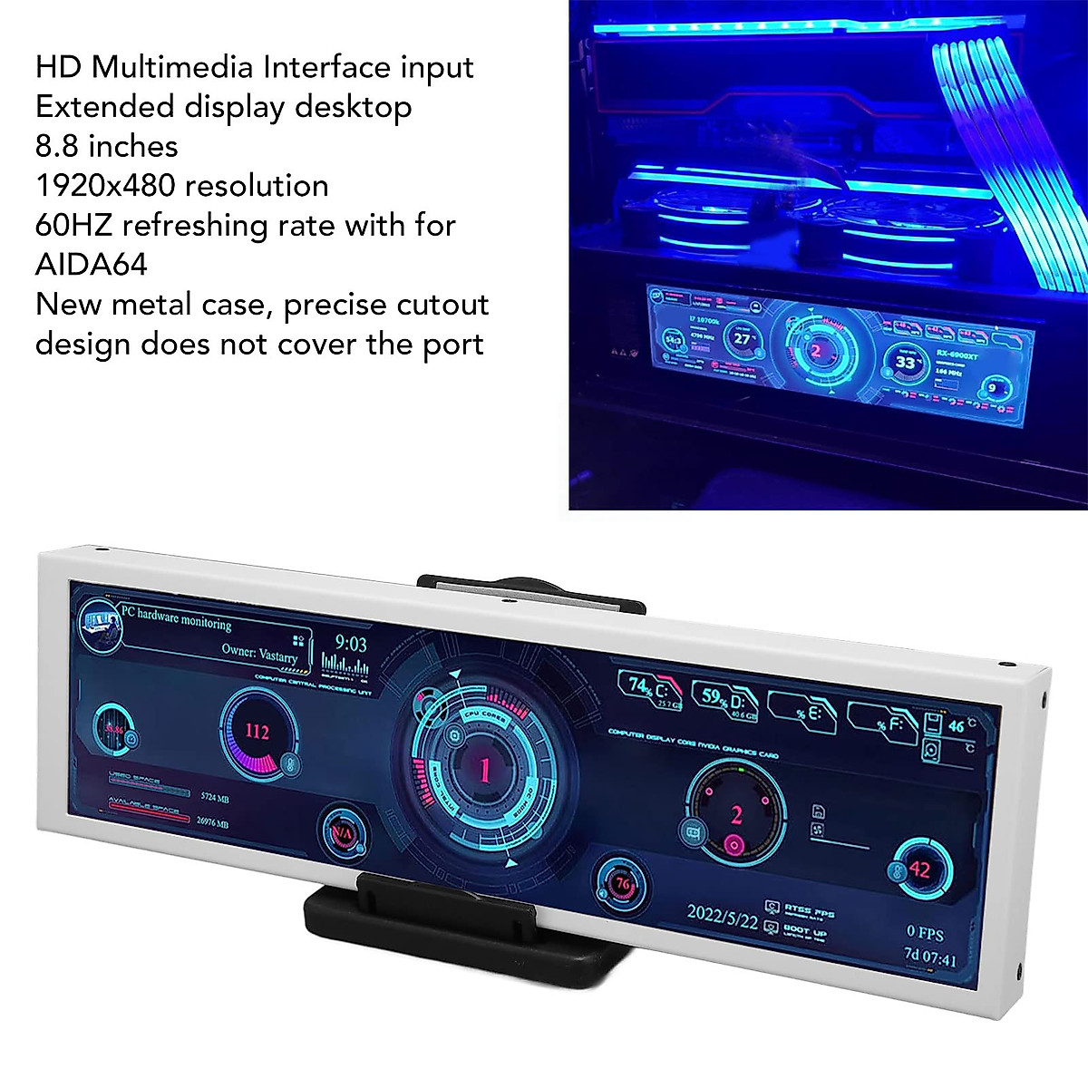 Bewinner 8.8in Computer Temp Monitor, 1920x480 60Hz PC Sensor Panel Display for AIDA64 CPU GPU SSD Data Monitor for RasPi for Linux for Windows