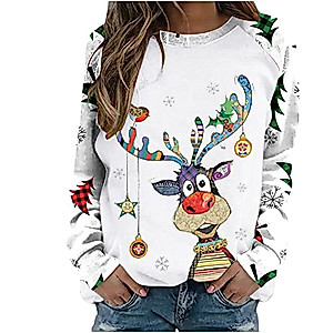 Womens Christmas Sweatshirt Long Sleeve Crewneck Cute Vintage Trendy Winter 2023 Christmas Sweater Women Reindeer Merry Tshirts Shirts White L