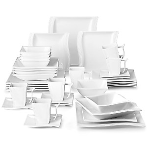 MALACASA Plates and Bowls Sets, 36-Piece Ivory White Square Dinnerware Sets for 6, Porcelain Kitchen Plate Bowl Set, Dishes, Cup and Saucer Set, Modern Dinnerware Set, Series Flora