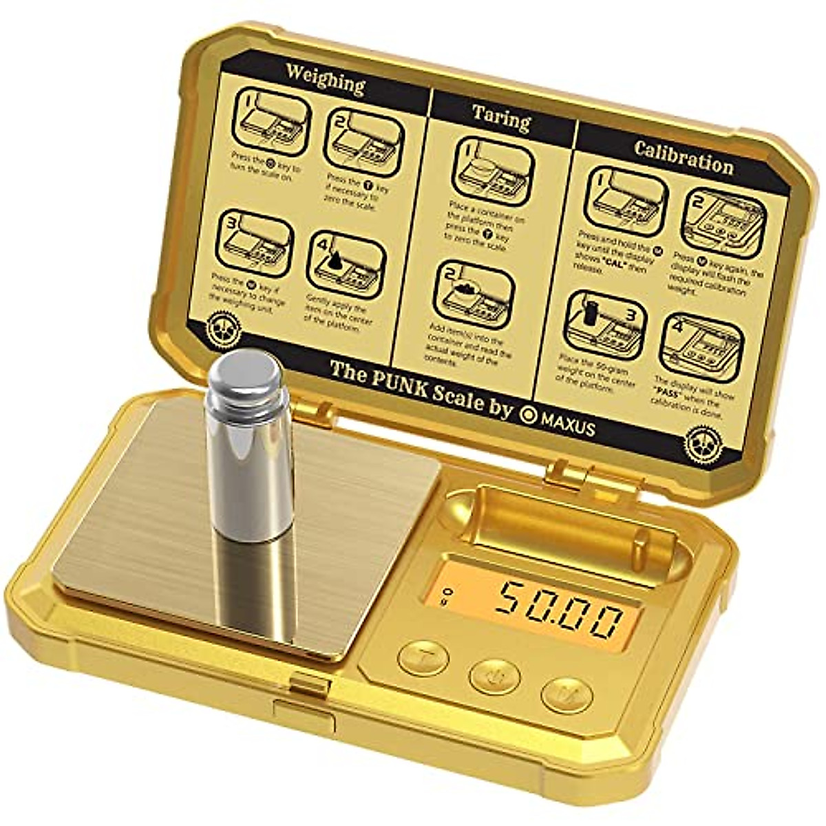 MAXUS Steampunk Digital Scale 200g x 0.01g Precision with 50g Calibration Weight. Golden, Skull-Embossed, Backlit LCD, Stainless Steel Platform for Food or Items.