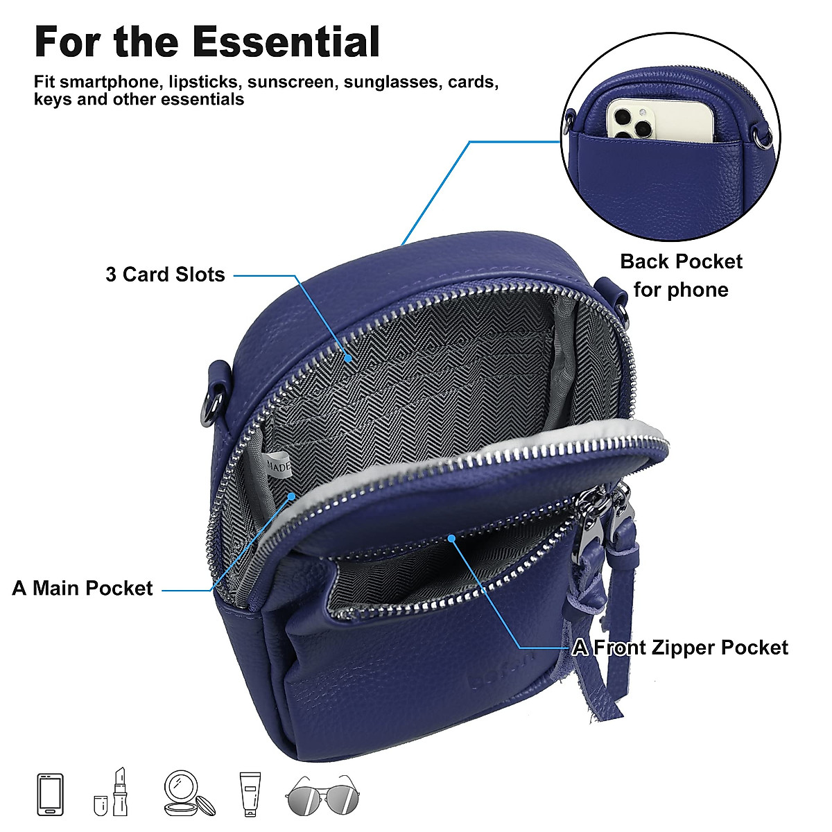 befen Navy Blue Genuine Leather Small Shoulder Bag Wallet Purse Crossbody bag for women