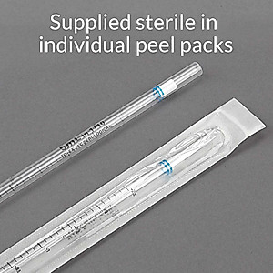 Globe Scientific 1740 Polystyrene UniPlast Serological Pipette, 5mL Capacity, Standard Tip, 296mm Length, Sterile, Blue Striped, Individually Wrapped (Case of 250)
