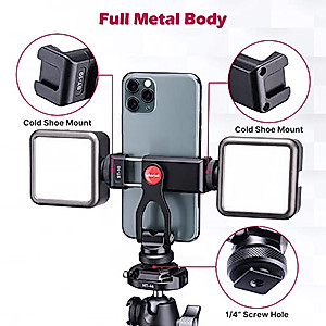 ULANZI Metal Phone Tripod Mount ST-10, Universal 360° Smartphone Adapter with 2 Cold Shoe Mount, Adjustable Cell Phone Clamp Stand Holder, Compatible with iPhone, Samsung Galaxy and All Phones