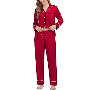 SWOMOG Womens Satin Pajamas Long Sleeve Sleepwear Silk Soft Button Down Loungewear Pjs Set S-XXL Reda Medium