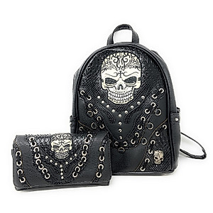 Texas West Large Sugar Skull Day of the Dead Daypack Concealed Carry Backpack Women Travel Biker Purse Wallet Set (Beige)