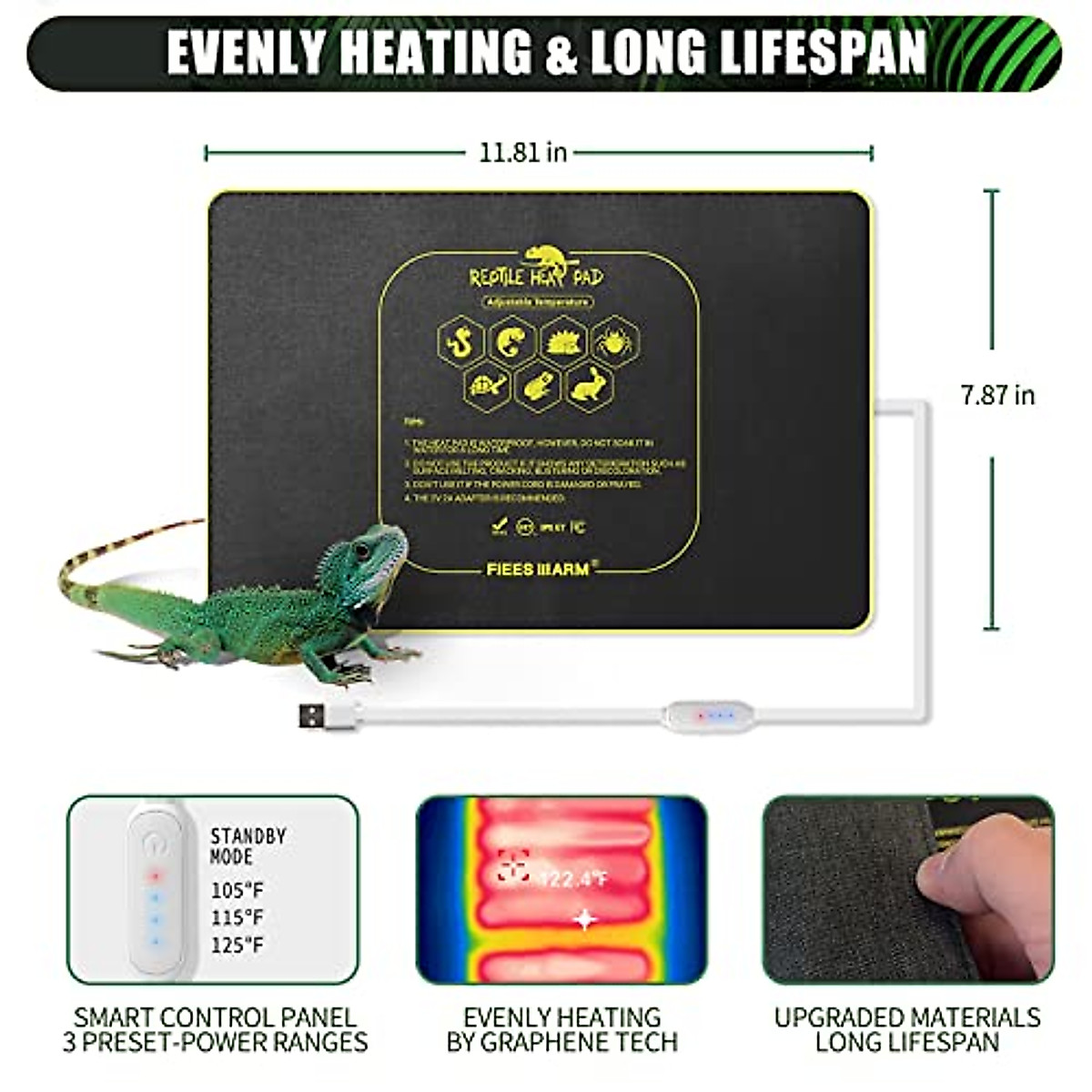FIEESWARM Reptile Heating Pad Adjustable Temperature Under Tank Terrarium Heat Mat for Hermit Crab, Leopard Gecko, Tortoise, Snakes, Lizards. Reptile Heater with Thermometer (Rectangle)