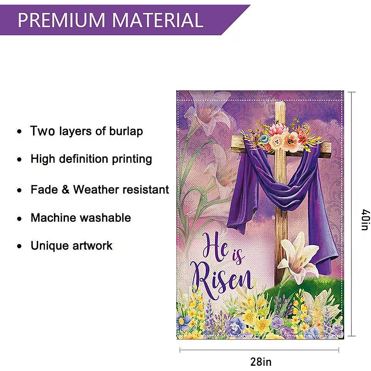 LHSION He is Risen Garden Flag 28 x 40 Inch Happy Easter Cross Religious Decorative Double Sided Burlap Flag for Spring Easter House Yard Decoration