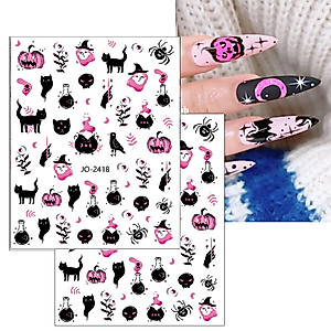 JMEOWIO 12 Sheets Halloween Nail Art Stickers Decals Self-Adhesive Pegatinas Uñas Cute Ghost Pumpkin Pink Nail Supplies Nail Art Design Decoration Accessories