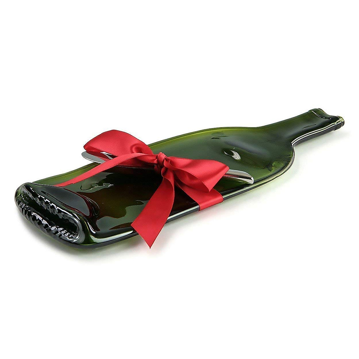 Melted Wine Bottle Cheese Serving Tray with Cheese Spreader and Red Ribbon, Unique Christmas Gift by Mitchell Glassworks