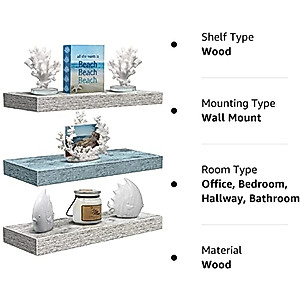 Sorbus Floating Shelf Set - Rustic Engineered Wood Coastal Beach Style Hanging Rectangle Wall Shelves for Home Décor, Trophy Display, Photo Frames, etc.(Blue/White, 3 Pack)