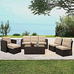 Outdoor Patio Furniture Sets 8-Piece Aluminum Patio Conversation Sets, All Weather Wicker Rattan Sectional Couch Sofa Set with Glass Coffee Table & Single Sofa with Ottoman (Brown/Beige)