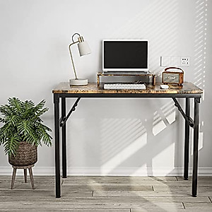 RISWER Computer Desk with Monitor Riser Folding Table Home Office Writing Study Desk 39” Width 19” Depth with Industrial Style Small Table Metal Frame Rustic Brown