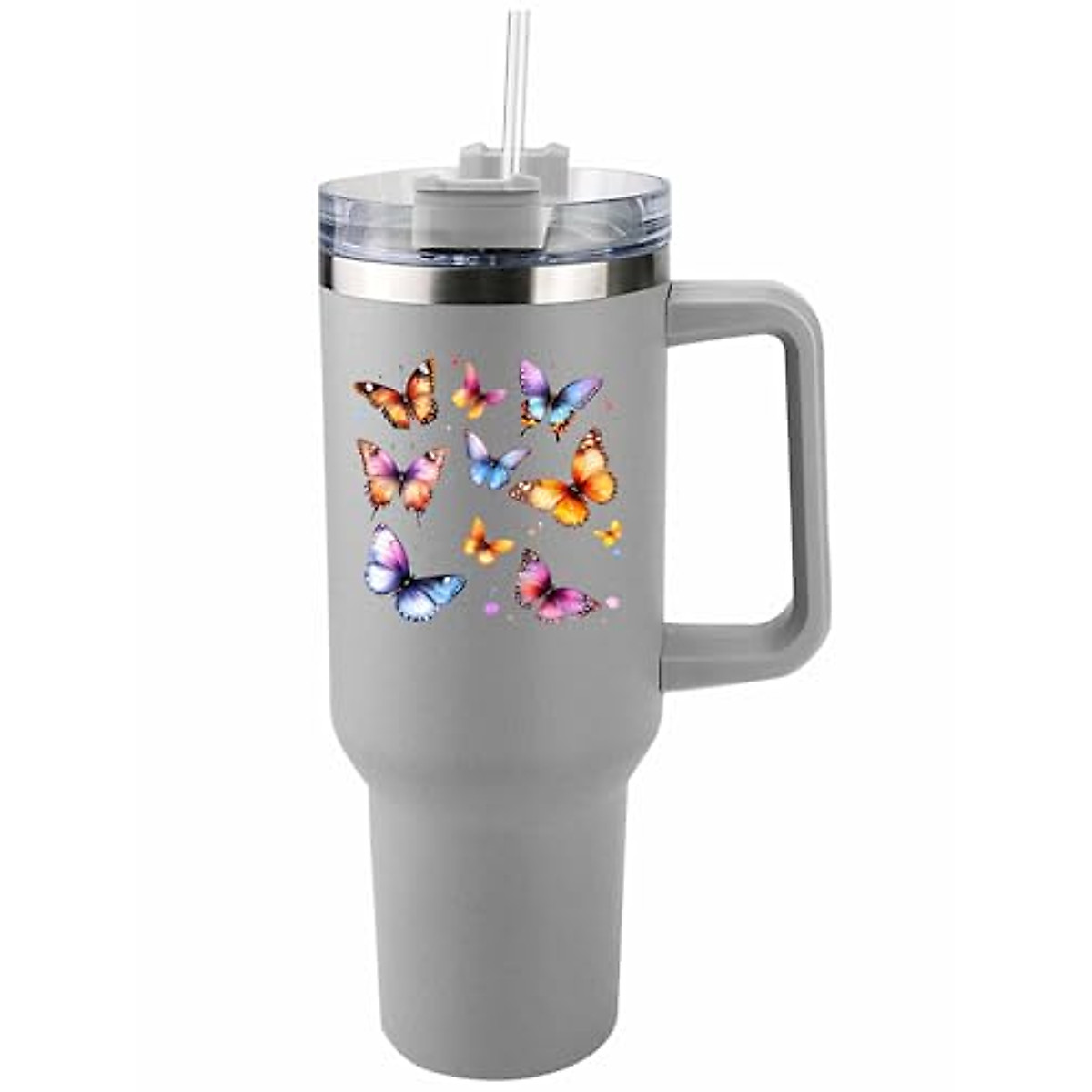 40 ounce insulated cup with handle, double-layer vacuum stainless steel material, equipped with straw, can keep warm or maintain cold drinks Colorful Butterfly grey