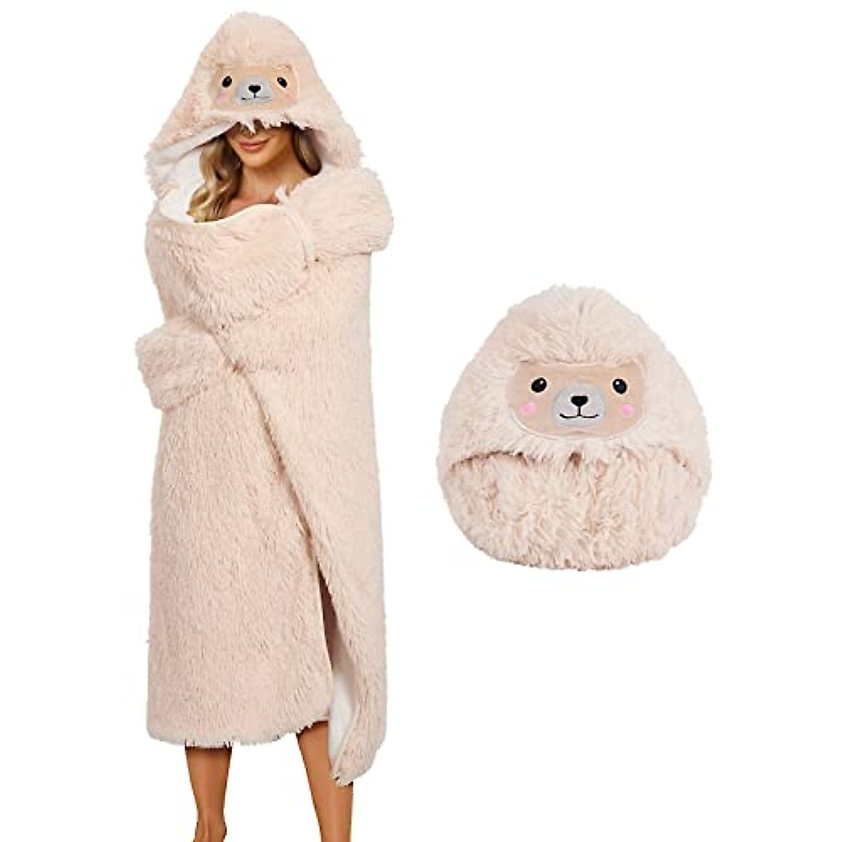 Yusongirl Wearable Hooded Blanket for Adults Super Soft Sherpa Hoodie Throw Winter Warm Fleece Cozy Plush Animal Cape (Alpaca - Beige)