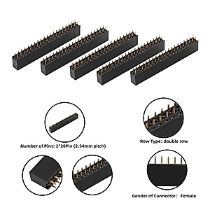 5Pcs Female Pin Headers, 2x20 Pins 2.54m Dual Row Short Pin Headers Connector, PCB Board Pin Header Strip for Raspberry Pi