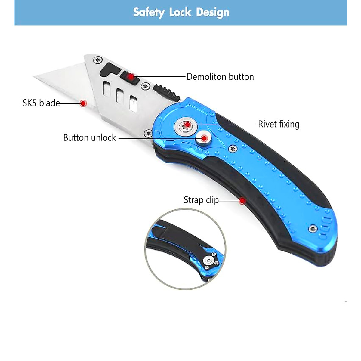 Folding-Utility-Knife Work-Knife Retractable-Folding-Box-Cutter Construction-Knife-Box-Opener - Razor-Knife with 5 Extra Blades for Cartons Cardboard and Boxes