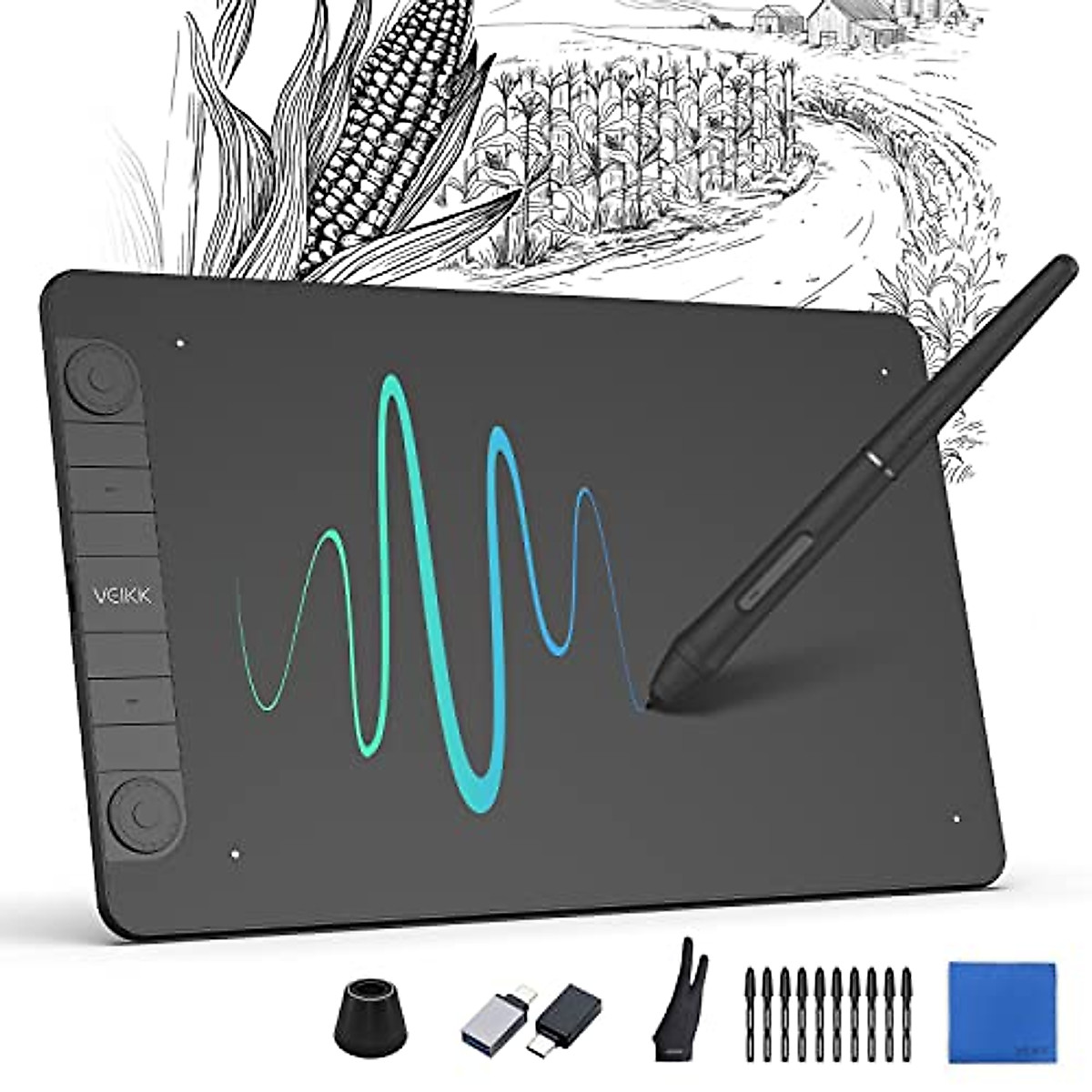VEIKK VK1060PRO V2 Drawing Tablet, 10 x 6 Inch Graphics Pen Tablet with 8 Shortcut Keys, 8192 Levels Battery Free Supports Tilt Function, Work for Digital Art Drawing, Designing