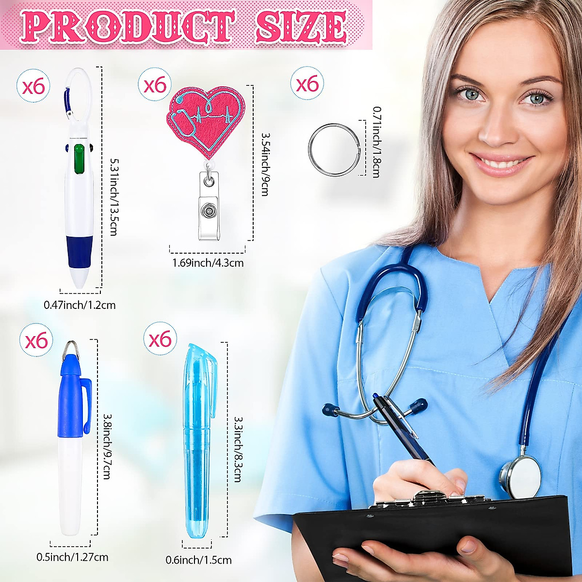 24 Pcs Nurse Pen CNA Week Appreciation Gift Set 6 Permanent Marker Pen 6 Retractable Ball Pen 6 Tip Highlighter 6 Nursing Badge Reel Holder Felt Badge Clip ID Name Reel for Nurses Gifts(Nurse Style)