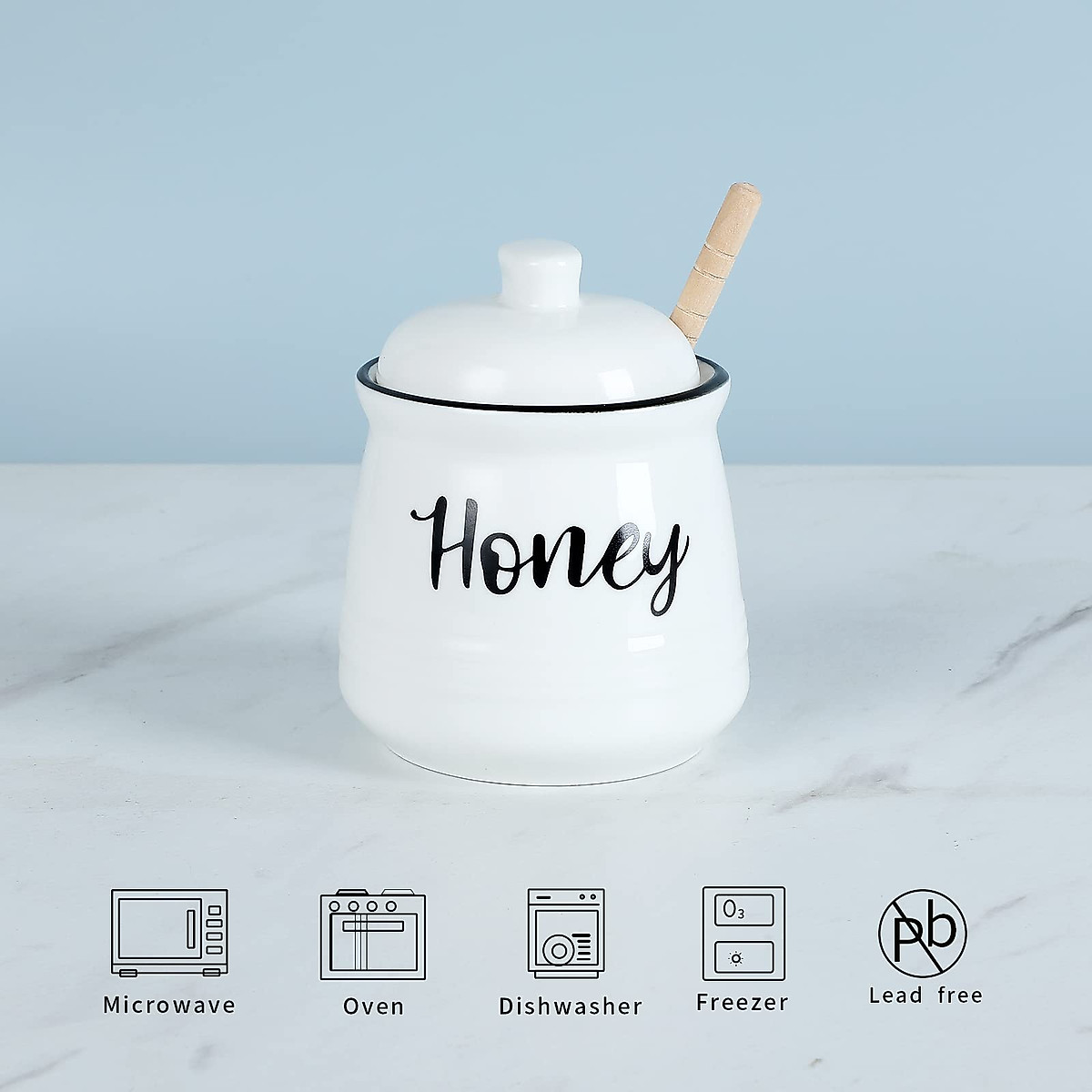 HAOTOP Farmhouse Porcelain Honey Jar with Dipper and Lid Set 12oz,Easy to Clean (White)