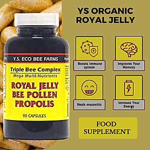 YS Organics Triple Bee Complex, Royal Jelly, Bee Pollen, Propolis - The Power of Nature Packed in 90 Capsules with Bonus worldwidenutrition Multi Purpose Key Chain
