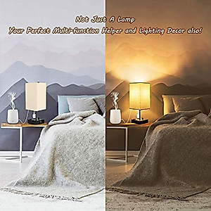 Upgraded Fully Dimmable USB Bedside Table Lamp Set of 2, Nightstand Table Lamps with 2 USB Charging Ports 2 AC Outlets, Square Fabric Shade Modern Desk Lamp Set for Bedroom Living Room, Bulbs Included