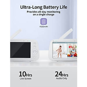 Video Baby Monitor, 5” Split Screen Video Baby Camera with 720P Resolution, Pan-Tilt-Zoom Camera and Audio with Two-Way Talk, VOX Mode, 4500mAh Battery, Auto Night Vision, No Wi-Fi, 5 Lullabies